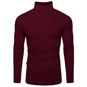 Amussiar Men's Slim Fit Base Layer Shirts Casual Ribbed Tops Thermal Turtleneck Pullover Sweater Wine Red