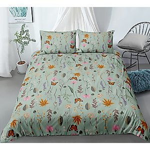 CoutureBridal Sage Green Floral Duvet Cover Queen Size Boho Aesthetic Pink Floral Colorful Botanical Yellow Butterfly Printed Bedding Set 3 Pcs Soft Microfiber Comforter Set with Zipper Ties