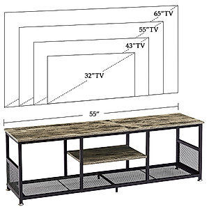 VECELO Industrial TV Stand for Televisions up to 65 Inch, 55" Entertainment Center with Open Storage Shelves for Living Room/Bedroom, 3 Tiers Media Console Table with Metal Frame, Grey, 55 Inches