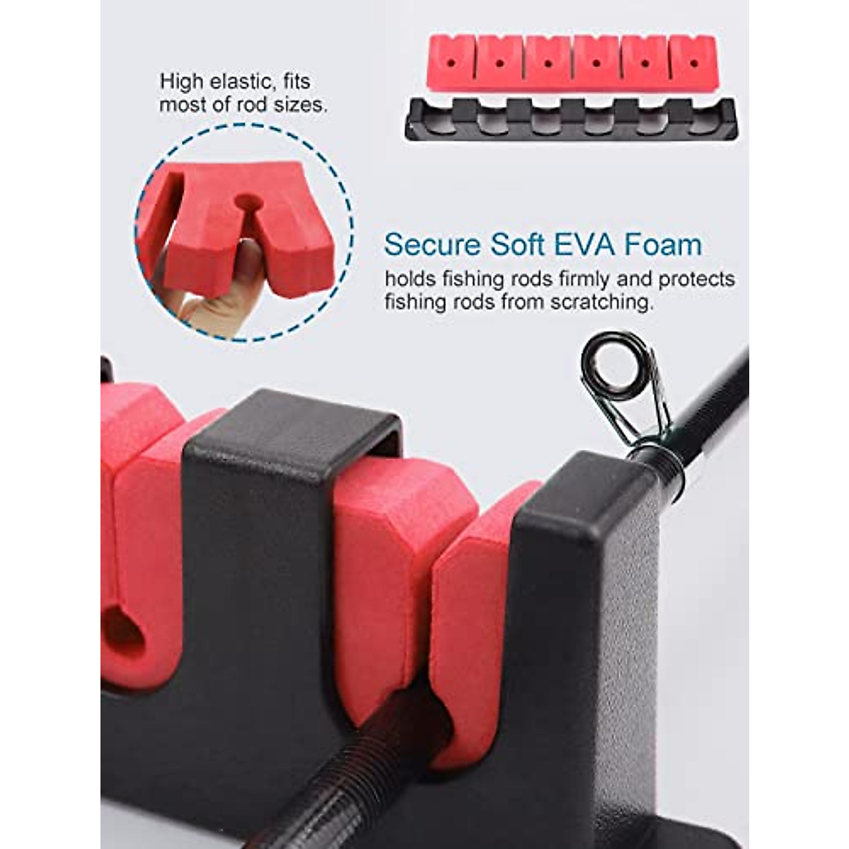 Ducurt Fishing Rod Rack Holders Wall-mounted Fish Pole Holder for Garage & Boat 6-Rod Storage Racks (Horizontal Red, 1 Pair)