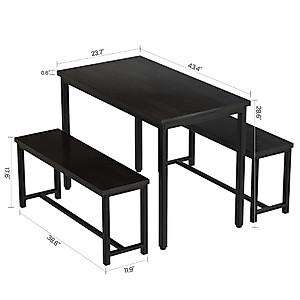 Recaceik 3-Piece Dining Table Set for 4, 43'' Dining Room Table Set with 2 Benches, Space-Saving Dinette Table with Metal Frame & MDF Board, Breakfast Table for Kitchen, Dining Room, Black