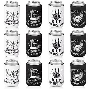 16PCS Gothic 30th Birthday Party Can Sleeves Death to My 20s Can Cooler Party Supplies RIP Cheer Youth Bachelorette Beverage Sleeves Favor for Birthday Bachelorette Party Halloween Party Decorations