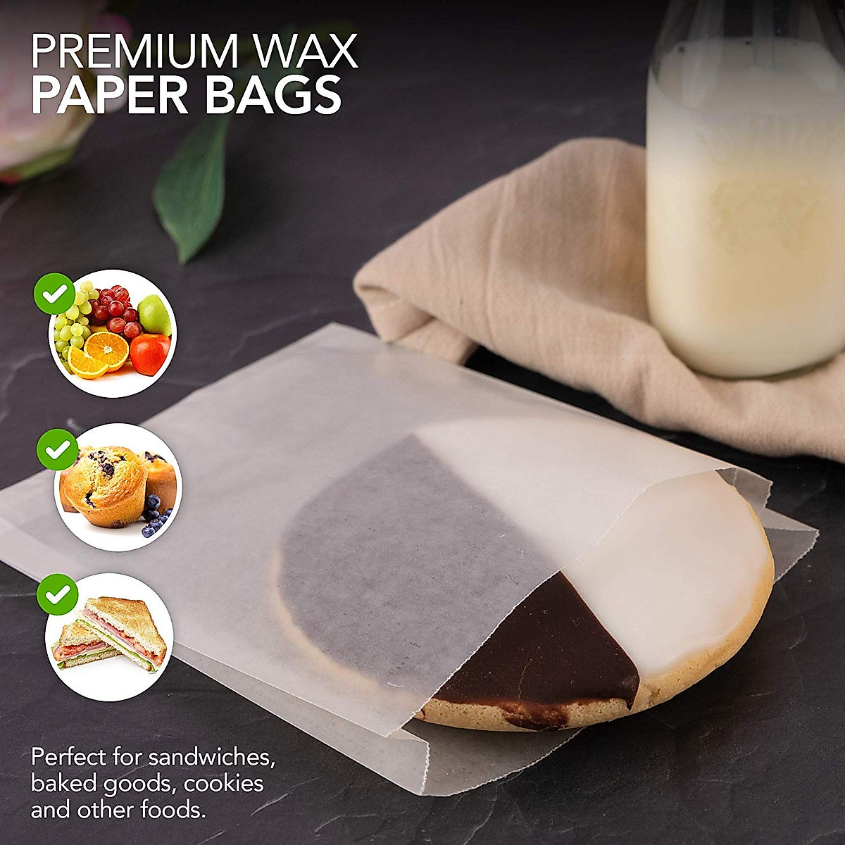 Paper Sandwich Bags Bulk Wax Paper (200 Pack) 7" x 6" x 1" Wet Wax Paper Bags - Food Grade Grease Resistant Wax Bags - White Glassine Bags - Paper Bags for Bakery Cookies, Candy, Snacks, French Fries