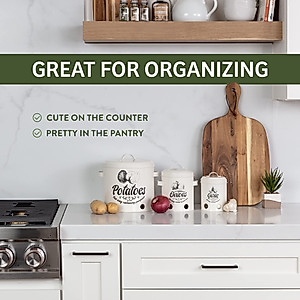 Prosper Culinary Potato and Onion Storage Bin with Garlic Holder - 3 Containers - Farmhouse Kitchen Countertop Canister - Vegetable Keeper for Potatoes, Onions, Garlic