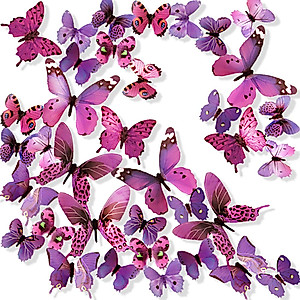 Ewong Butterfly Wall Decals, 36PCS 3D Butterflies Home Decor for Room, Wall Sticker for Girls Room Kids Bedroom Bathroom Baby Nursery Decoration (Purple)