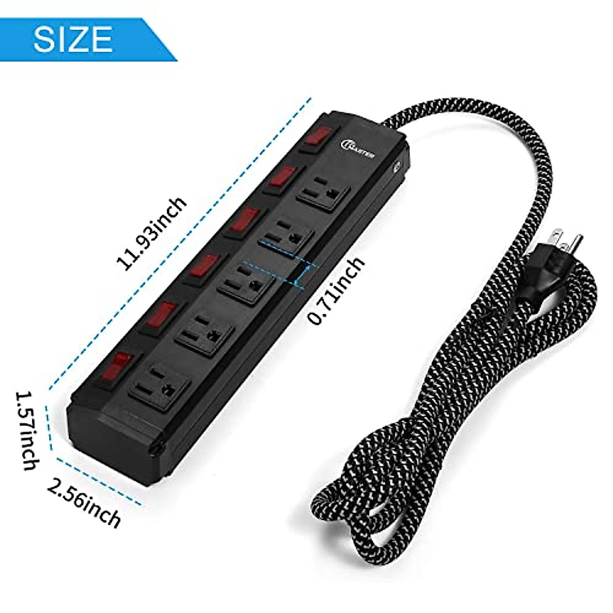 Power Strip Surge Protector 5 outlets Metal Heavy Duty Extension Cord 6 ft,5 Independent switches with one Master Switch, SGS Certified，Black…