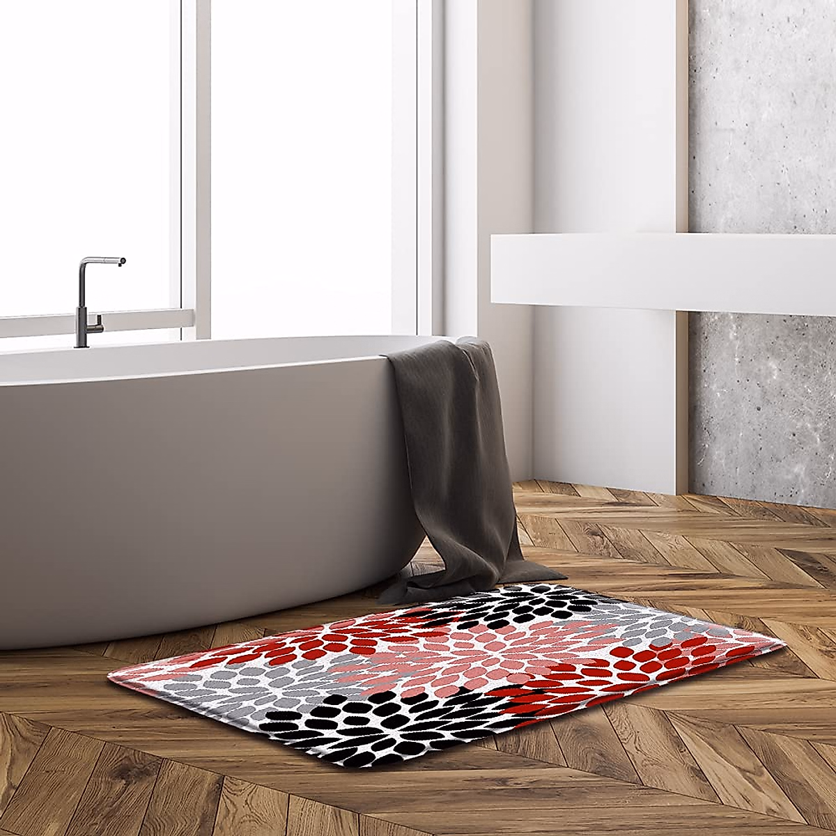 YSATNSFT Dahlia Bath Mat Pinnata Floral Black Red Coral Pink Gray Flower Pattern Print Bathroom Bedroom Kitchen Toilet Rug Soft Memory Foam Backing,18x30 Inch