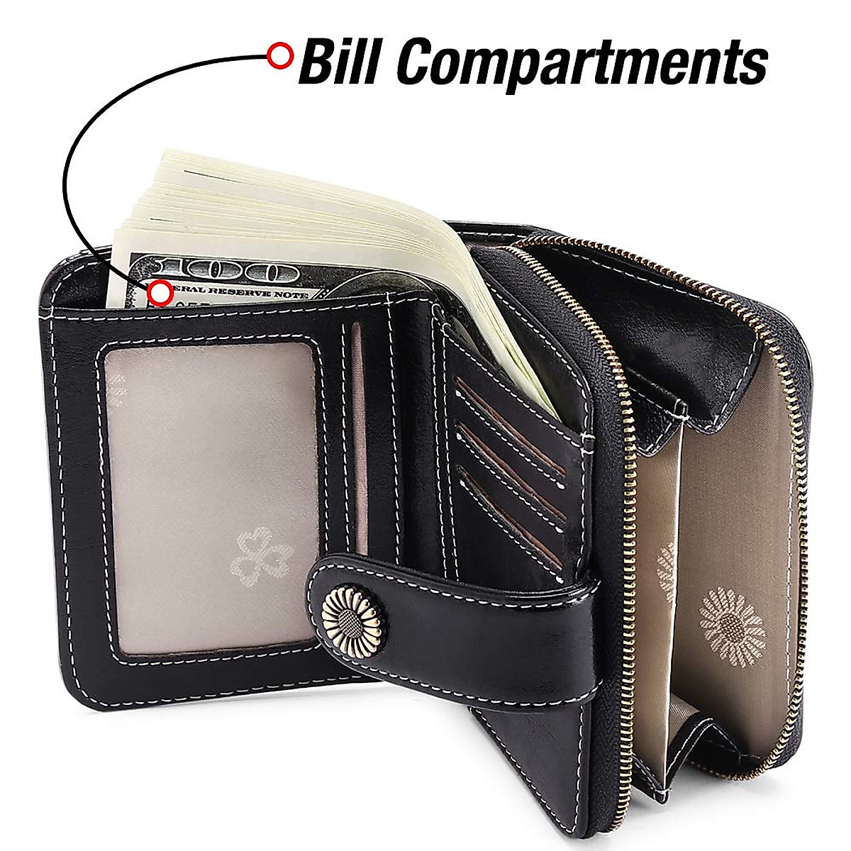 GOIACII Wallet for Women Leather Small RFID Blocking Bifold Zipper Pocket Card Holder with ID Window Black