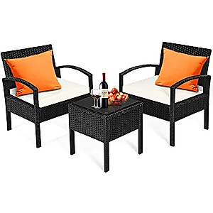 HAPPYGRILL 3pcs Patio Conversation Set Outdoor Wicker Furniture Set Rattan Table & Chairs Set with Seat Cushions, Modern Bistro Set with Coffee Table for Garden Balcony Backyard
