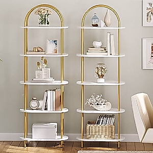 HOOBRO 5 Tier Bookshelf, Modern Arched Bookcase, White and Gold Book Shelf, Tall Bookcase Shelf Storage Organizer, Open Storage Shelves, Modern Book Shelves for Bedroom, Living Room, Gold DM176SJ01