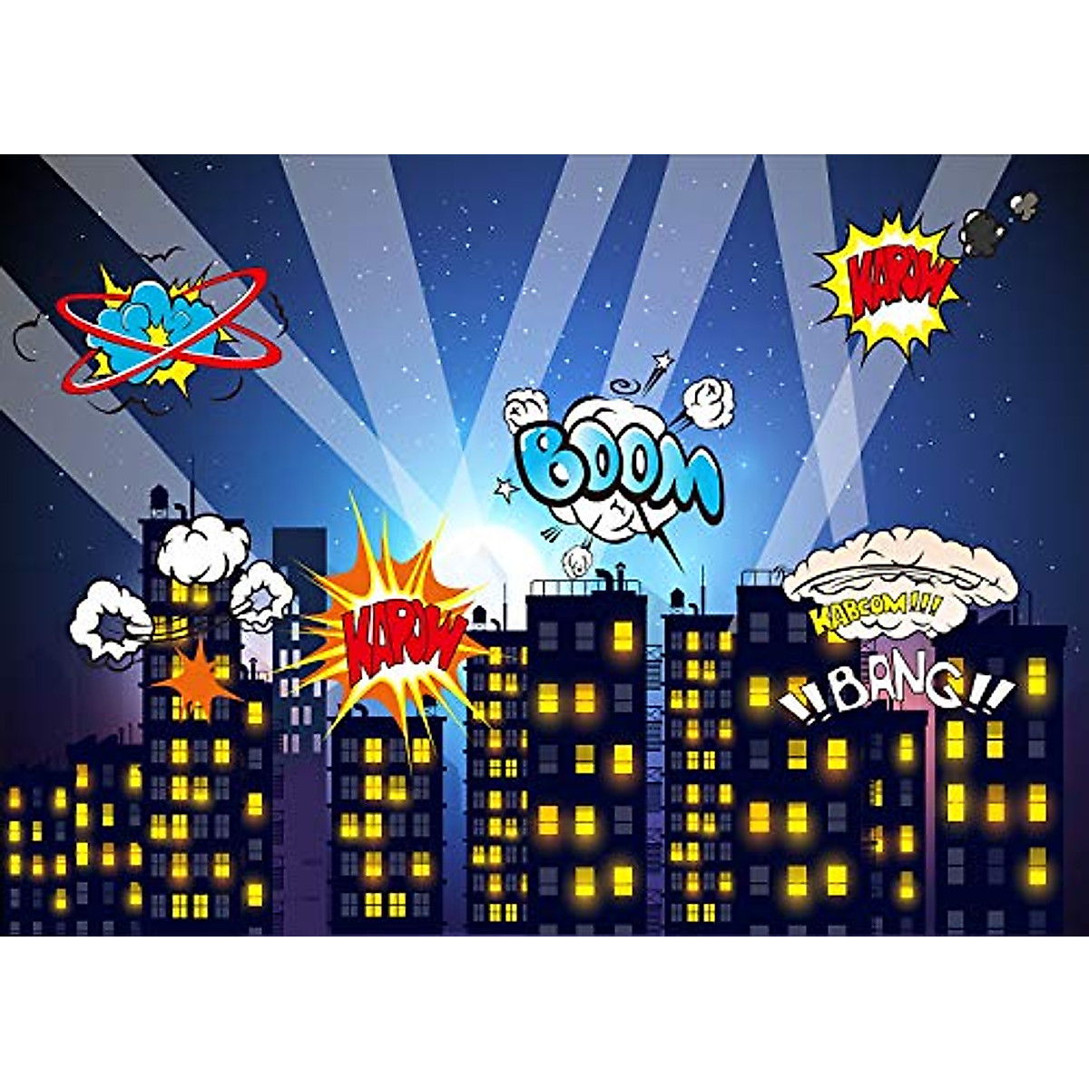 Superhero Cityscape Theme Backdrop Night Scene Comics Style Building Photography Background Baby Shower Boy Girl Kids Birthday Party Decoration Studio Shoot Prop 7x5FT
