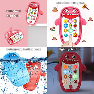 Baby Shark Cell Phone Toy Removable Teether Case, Light, Music & Adjustable Volume Kids Play & Learn Fake Phone Infant Toddler, Preschool Holiday Birthday Presnet for Girl Boy 0-6, 6-18 Months (Red)