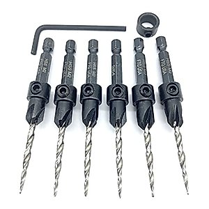 FTG USA Countersink Drill Bit Set 6 Pc #6 (9/64") Wood Countersink Drill Bit Pro Pack Countersink Set, Tapered Countersink Bit, 1 Stop Collar, Hex Wrench, Woodworking Countersink Drill Bits