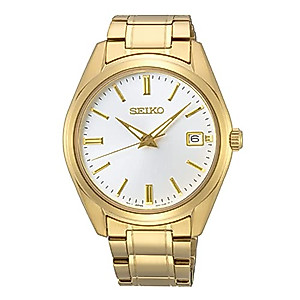 SEIKO SUR312 Watch for Men - Essentials Collection - White Dial, Date Calendar, LumiBrite Hands, Gold-Tone Stainless Steel Case & Bracelet, and 100m Water Resistant