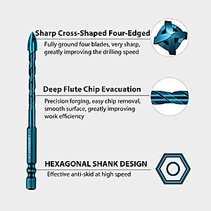 2 Pcs 1/2inch (12mm) Extra Long Hex Shank Concrete Masonry Drill Bit Set 4 Cutting Edges Cross Spear Head Carbide Drill Bit for Ceramic Tile Glass Plastic and Wood