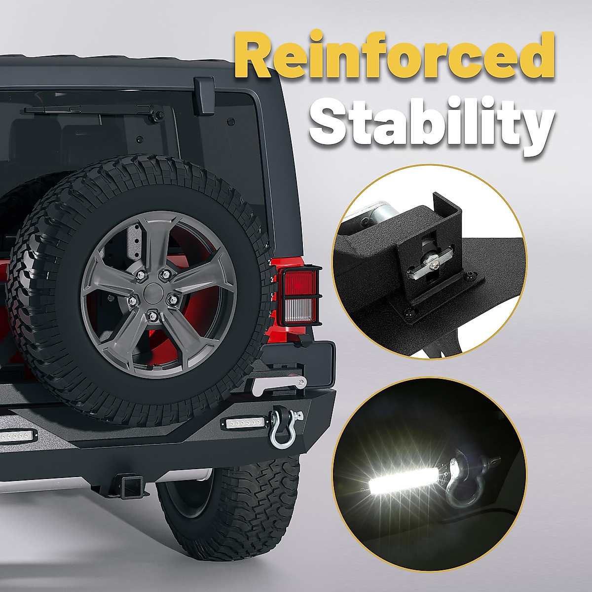 ECOTRIC Steel Rear Bumper Compatible with 2007-2018 Jeep Wrangler JK with Tire Carrier Bumper w/Lockable Tire Carrier 2" Receiver 2Pcs High Powered LED Floodlights Textured Black 2 Packages