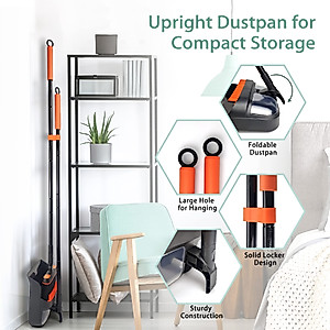 Broom and Dustpan Set, JEHONN Long Handle Lightweight Broom Set Upright Standing Dustpan Stand Up Sweep Set for Home Room Kitchen Office Lobby