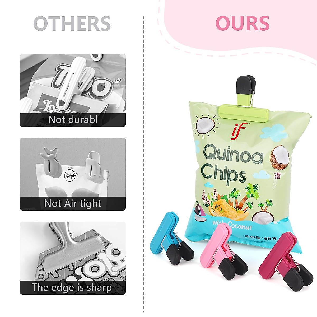 Chip Food Bag Sealing Clips - 8 Pack Food Clips, Chip Clips Bag Food Clips, Bag Clips for Food Storage with Air Tight Seal Grip, Plastic Clips for Chips, Snacks, Bread, Kitchen Accessories