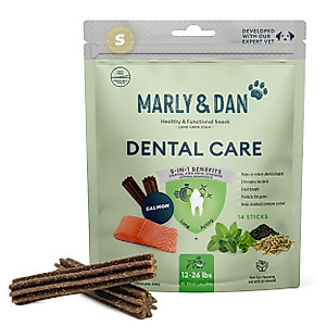 Marly & Dan Dental Care Chew Sticks, 5-in-1 Benefits for Dental and Immune System Health, Salmon, Peppermint & Green Tea, Chew Treats for Dogs (Dogs 12-26lbs)