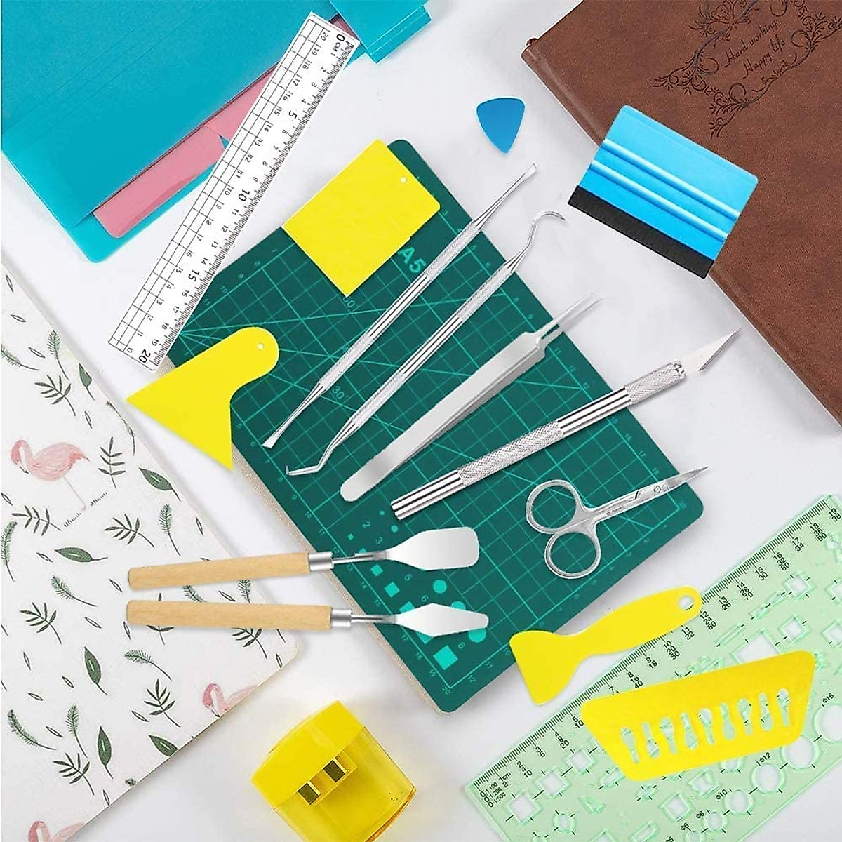MMOBIEL 19 Pcs Vinyl A5 Cutting Mat Stainless Steel Craft Tool Set Including Scrapers, Professional Scalpel Knife, Spatula Spudgers, Ruler Tweezer and Scissors
