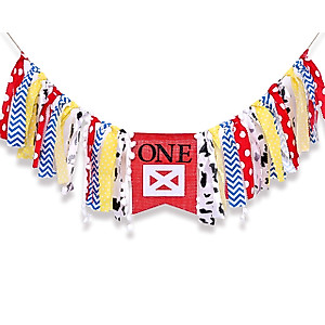 WAOUH Farm High Chair Banner for 1st Birthday - First Baby Birthday Party Theme Decoration, Fabric Garland Cake Smash Photo Prop,Birthday Souvenir and Gifts (Red Birthday Banner)