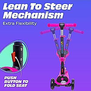 Kick Scooters for Kids Ages 3-5 (Suitable for 2-12 Year Old) Adjustable Height Foldable Scooter Removable Seat, 3 LED Light Wheels, Rear Brake, Wide Standing Board, Outdoor Activities for Boys/Girls