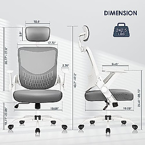 Furmax Office Chair Mesh Desk Chair Ergonomic Chair with Adjustable Headrest and Flip-up Armrests, Swivel Computer Chair with Comfortable Back and Lumbar Suport (Grey)