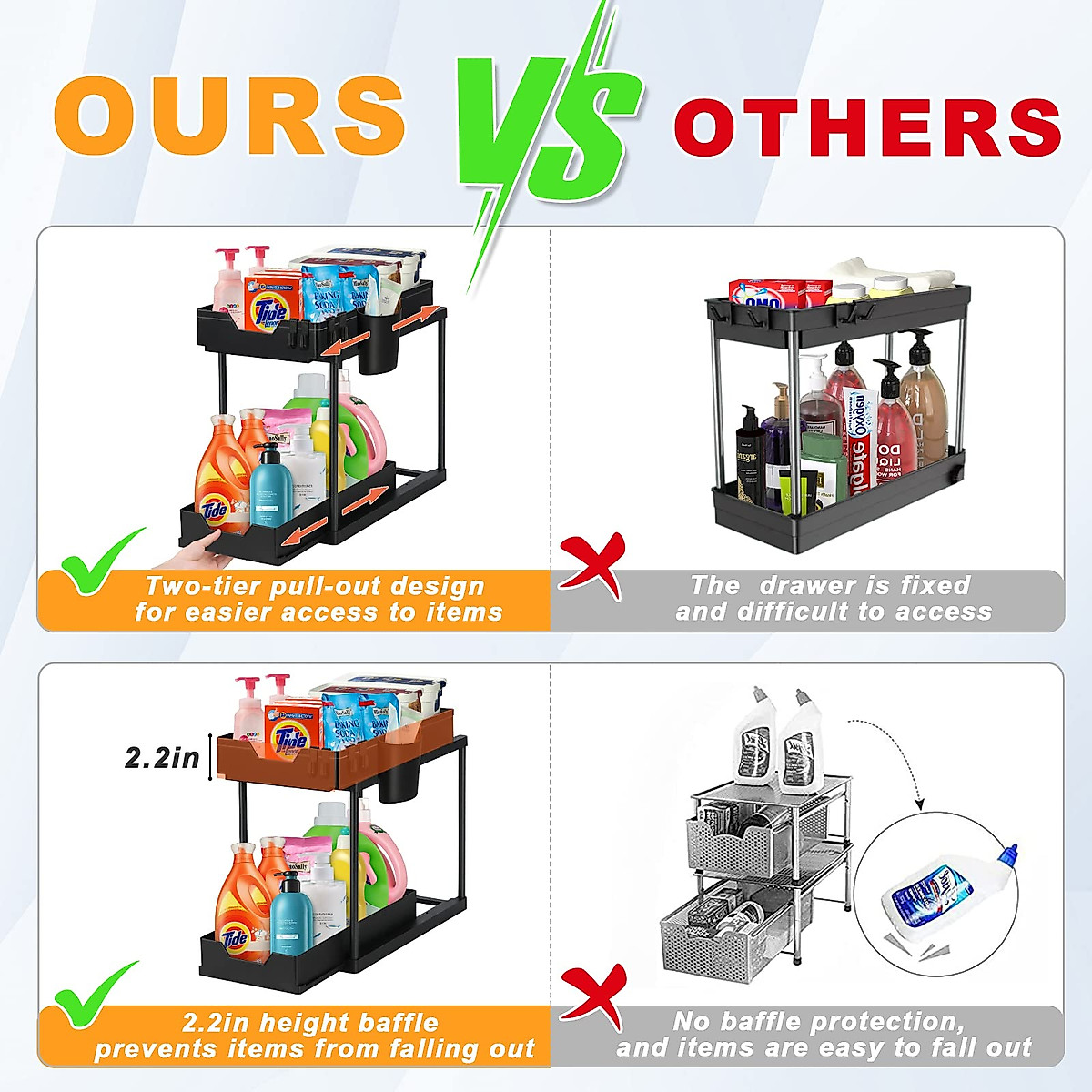 ENOMY 2 Pack Double Sliding Under Sink Organizers and Storage, 2 Tier Under Cabinet Organizer with Hooks & Hanging Cups Multi-Purpose Under Sink Shelf Organizer for Bathroom Kitchen, Black