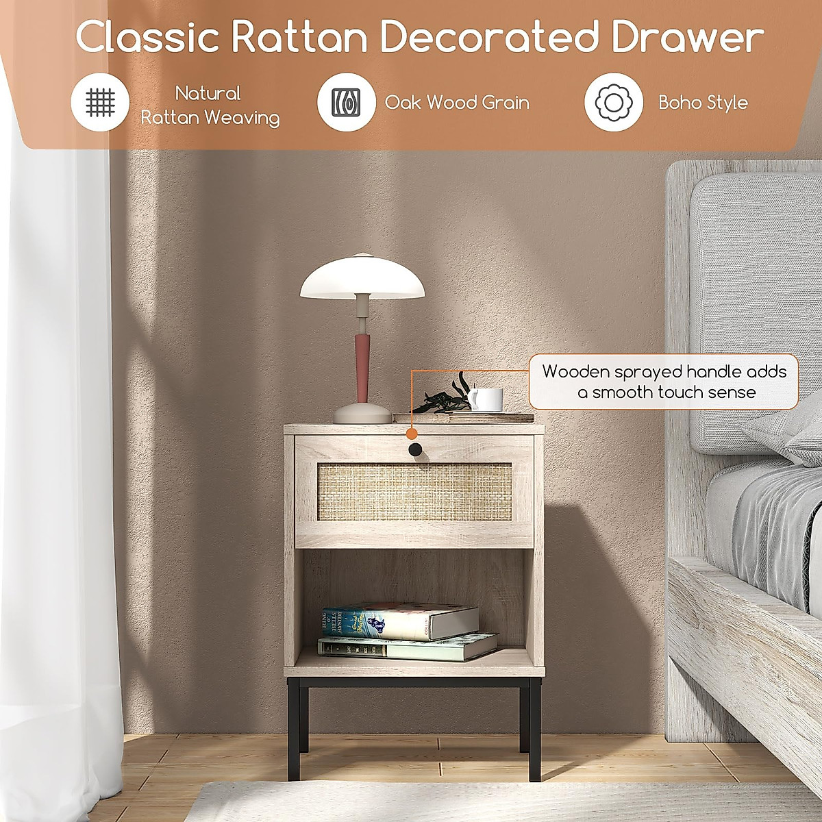 GOFLAME Rattan Nightstand Set of 2, Boho Bedside Table with Drawer & Open Shelf, Wooden End Table with Metal Legs, Farmhouse Sofa Side Table for Bedroom and Small Spaces, Oak