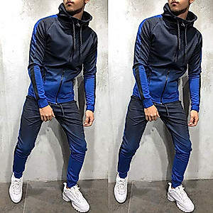 Men's Pullover Winter Workout Thenlian Mens Autumn Winter Packwork Print Sweatshirt Top Pants Sets Sport Suit Tracksuit(Blue, XXXL)