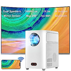 Mini Projector, Native 1080P Projector 1.9lbs, 16000Lux 250" Display & Dual Hi-Fi Speakers, 5G WIFI and Bluetooth Wireless Screen Mirroring Projector for Home Indoor Ourdoor Compatible with PS5/PC/TV