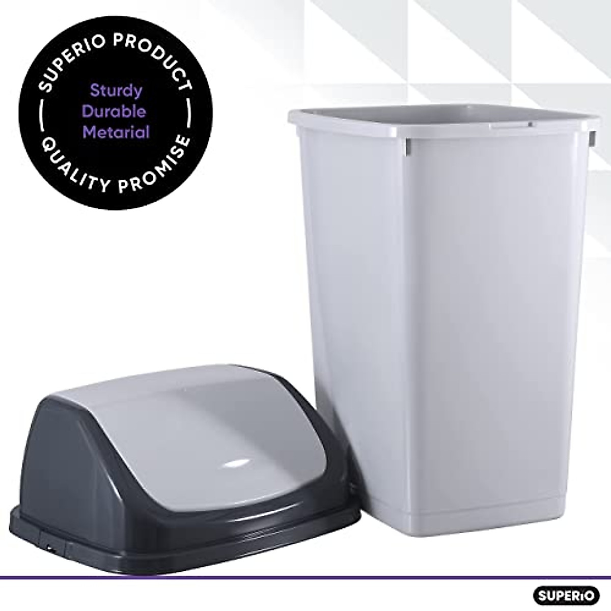 Superio Swing Top Trash Can, Waste Bin for Home, Kitchen, Office, Bedroom, Bathroom, Ideal for Large or Small Spaces - White Smoke (3 Pack- 4.5 Gal, 9 Gal, 13 Gal)