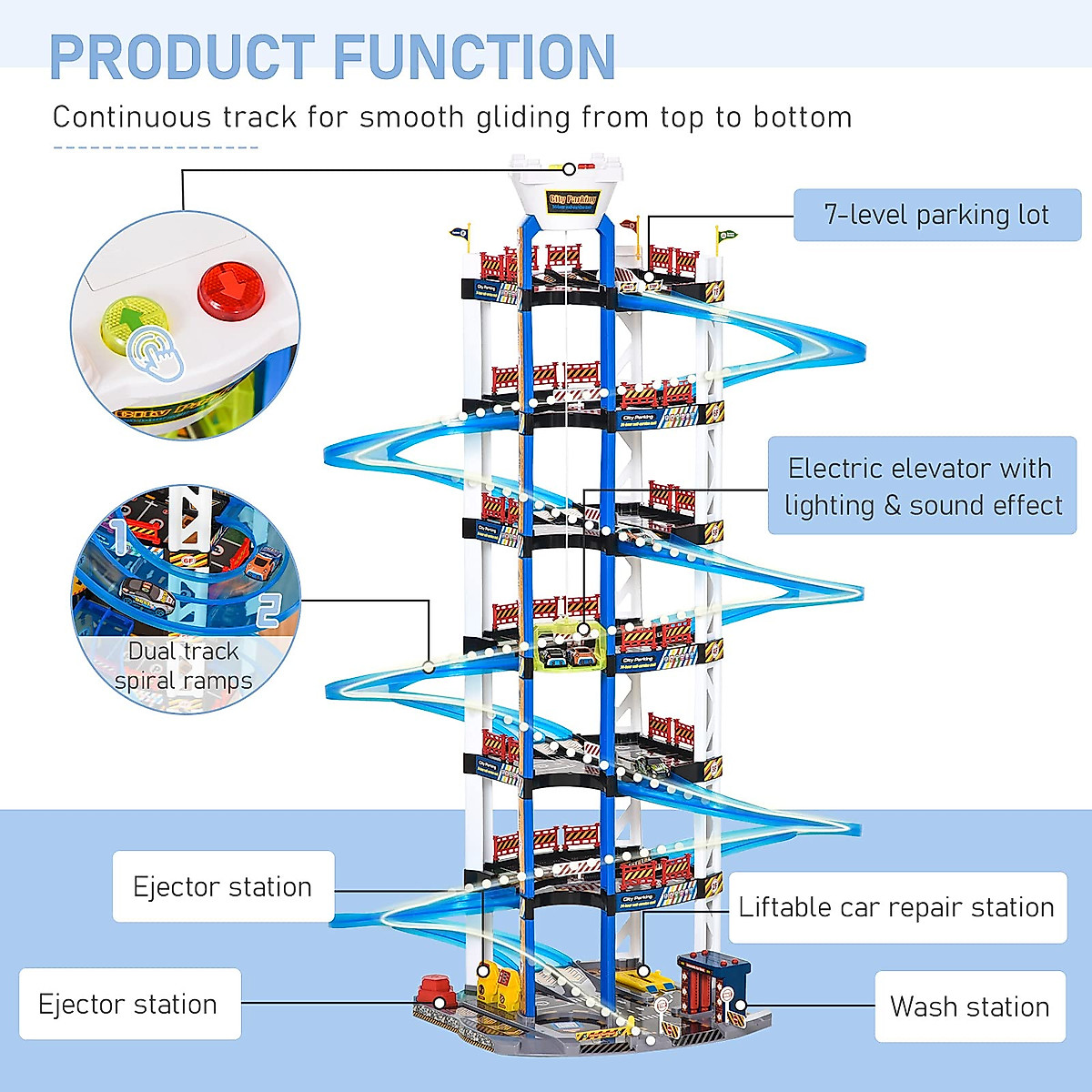 Qaba 7-Level Car Parking Garage Toy Dual Race Tracks Car Ramp Set Toddler Car Games 102 PCS w/Electric Elevator Wash, Gas, Ejector & Car Repair Station Metal Cars for 3-6 Years Old