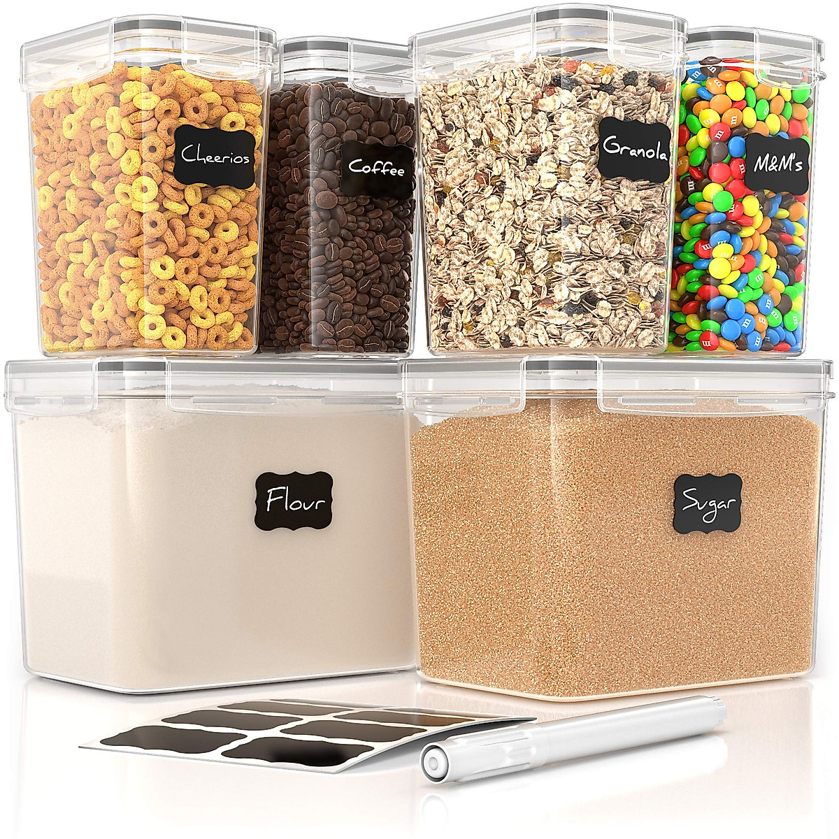 Simple Gourmet Airtight Food Storage Containers - Set of 6 Flour and Sugar Canisters for Pantry Storage and Organization - Marker & Labels Included