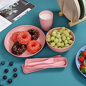 Wheat Straw Dinnerware Sets, 28PCS Plastic Plates and Bowls Sets College Dorm Room Essentials Dishes Set with Cutlery Set Microwave Safe (Colorful)