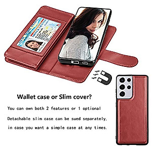 Njjex Wallet Case for Samsung Galaxy S21 Ultra 5G, For Galaxy S21 Ultra Case 6.8", [9 Card Slots] PU Leather ID Credit Holder Folio Flip [Detachable] Kickstand Magnetic Phone Cover & Lanyard -Wine Red