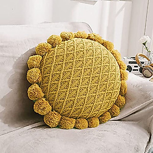 Teieas Bohemian Round Throw Pillows Chair Pad Seat Floor Pillow Cushions Handmade Pompoms Knitted Floor Mat Garden Dining Room Home Decor Outdoor Yellow