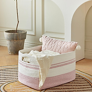 R RUNKA Large Rectangular Cotton Rope Storage Basket - 82L- Ideal for Toy Storage, Blankets, Laundry, Woven Organizer for Living Room, Bedroom - 22"x17"x12"（White & Pink）