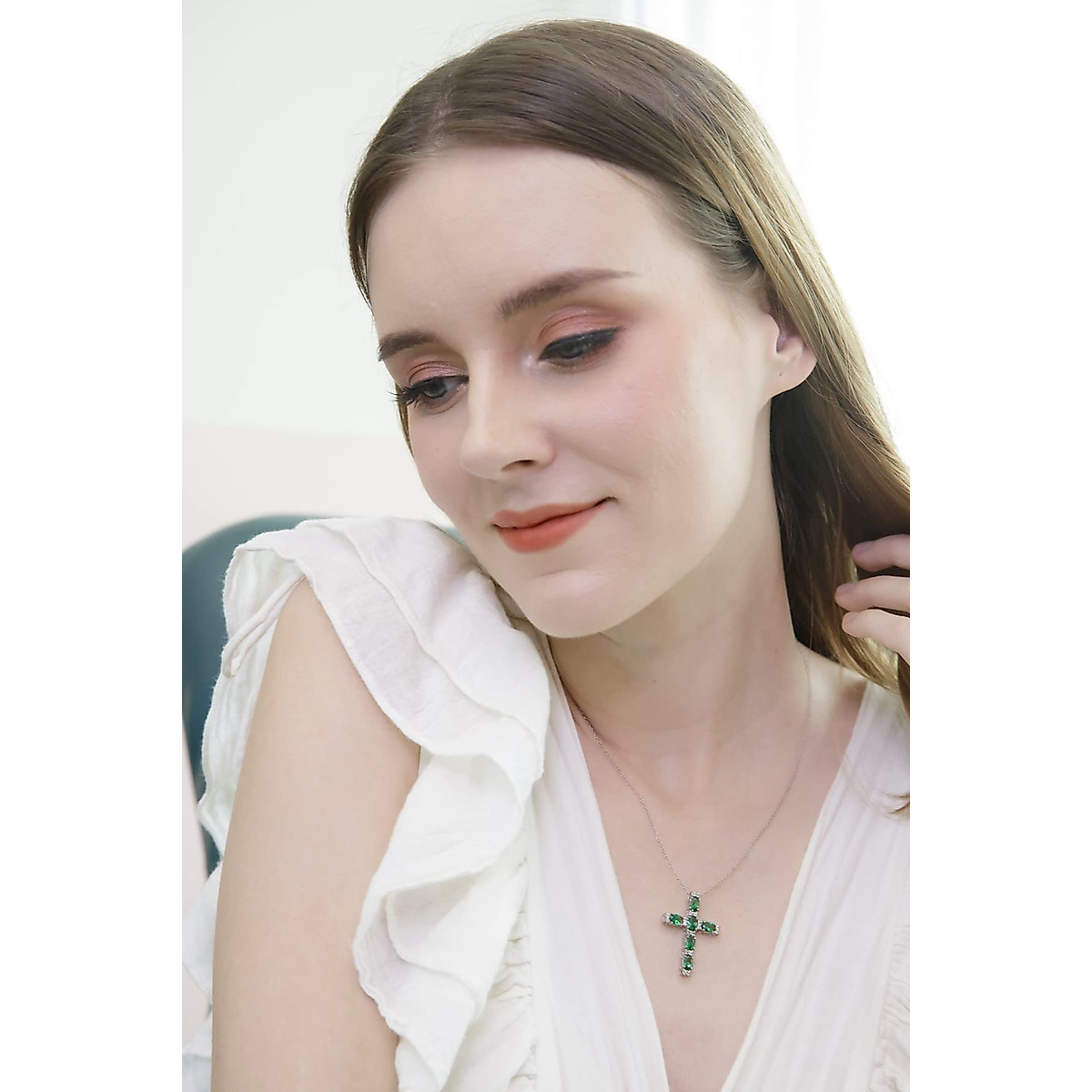 B. BRILLIANT Sterling Silver Simulated Emerald Oval-Cut Large Cross Necklace for Women