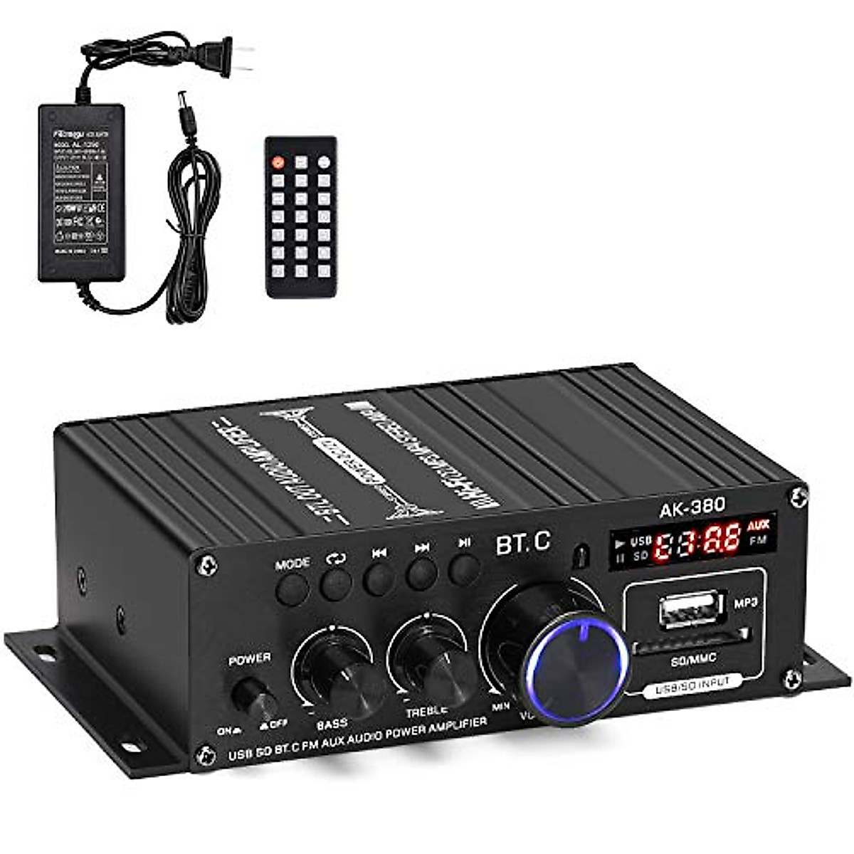 Facmogu AK380 Max 200Wx2 Mini Audio Power Amplifier, RMS 40Wx2 2.0 CH Bluetooth Receiver Speaker Amp with 12V 5A Power Supply, Bass & Treble Control Music Player Sound Amplifier for Car Home Garage