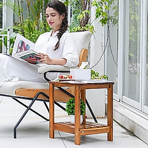 Utoplike Teak Side Table Outdoor, Patio End Table Double Layer, Wooden Coffee Accent Tables for Backyard, Garden, Bed, Living Room, Couch