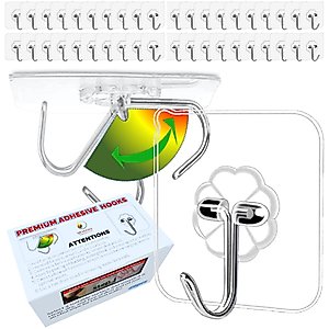 QUALIALL 40pcs Heavy Duty Adhesive Hooks for Damage-Free Hanging - Transparent Plastic Hangers for Ceilings and Walls