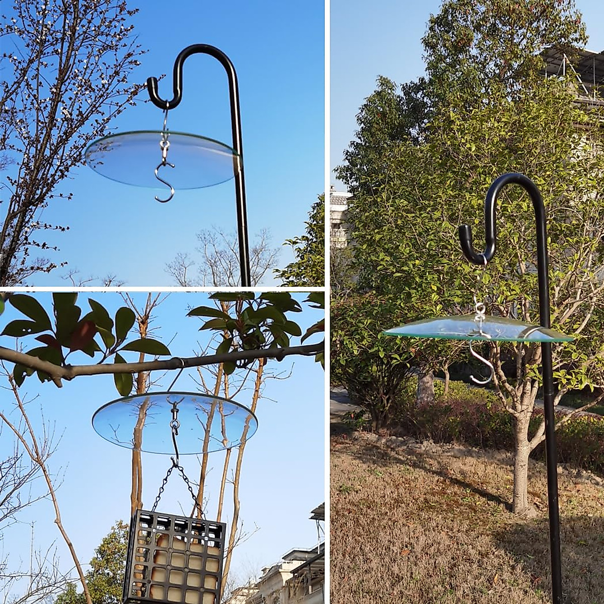 10" Glass Rain Cover for Wild Bird Feeder Outdoors - Weather Guard S Hook Hanging - Protective Dome Baffle - Clear (Dia. 25CM)