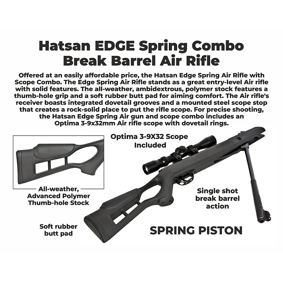 Hatsan Edge .22 Cal 1000 FPS / 21 FPE - Brake Barrel Air Rifle .22 Caliber w/ 3-9X32 Scope, QuietEnergy (QE) & Spring Piston | Small & Medium Game air Gun + Wearable4U 250x Pellets Bundle
