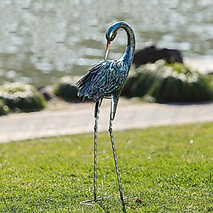 Kicust Garden Crane Statue for Outdoor, Blue Heron Decoy Garden Sculptures and Statues, Metal Bird Yard Art for Lawn Patio Decor, Set of 2