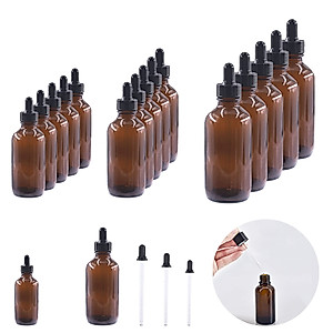 Keadic 24 Pack 1 Oz 2 Oz 4 Oz Glass Dropper Bottles Assortment Set with Tapered Eye Dropper & Black Cap Amber Round Boston Tincture Bottles for Massage Essential Oils Perfumes Liquids