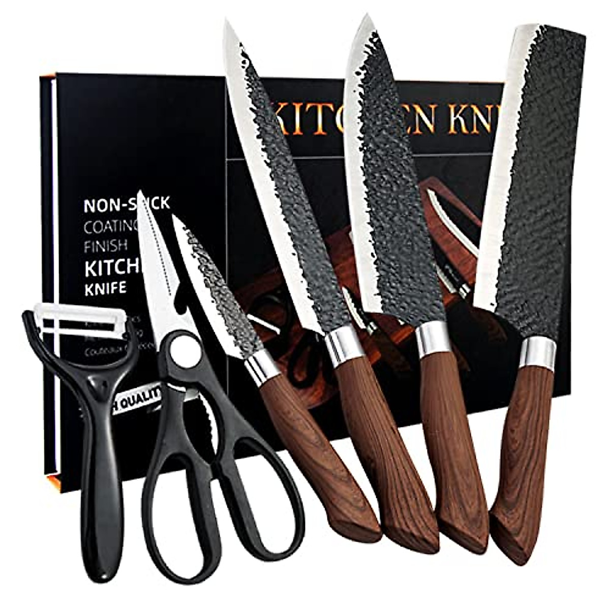Vivid Cookware Stainless Steel Knives Set, 6 Pcs High Carbon Non Stick Large Blade Knife Block Set | 8" Chef Knife - 8" Carving knife - 8" Small Cleaver - 3.5" Paring Knife - Scissors - Ceramic Peeler
