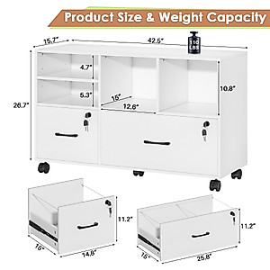 Semoic 2 Drawer Wood Lateral File Cabinet with Lock, Lockable Rolling Filing Cabinet with Open Storage Shelves, Printer Stand Office Storage Cabinet for Home Office Fits Files Legal/A4 Size, White