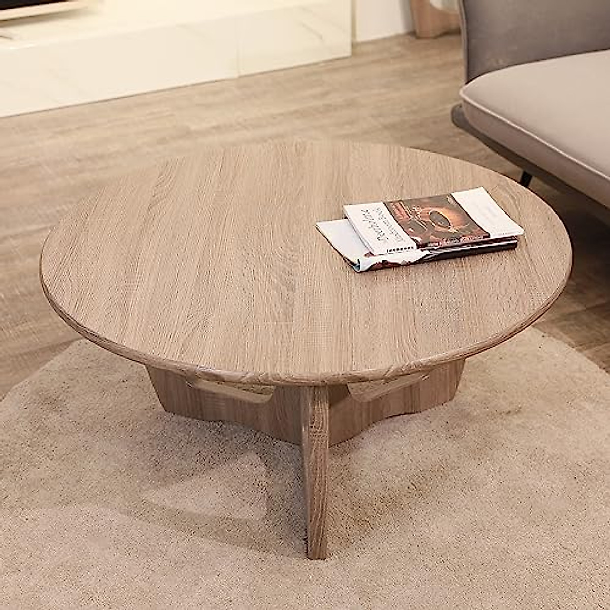 FINECASA Wooden Curved Leg Round Coffee Table , Accent Couch,Home Decoration, Living Room Tables, 35.5 x 18 Inches, Natural