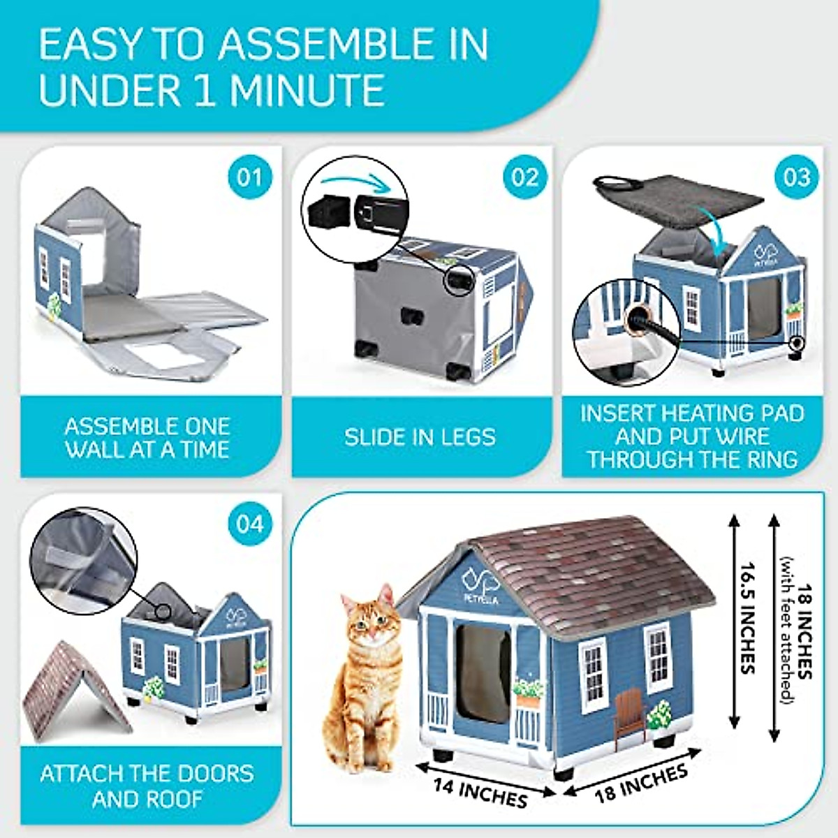 PETYELLA Heated cat Houses for Outdoor Cats in Winter - Weatherproof - Outdoor Heated Houses for Feral Cats - Easy to Assemble